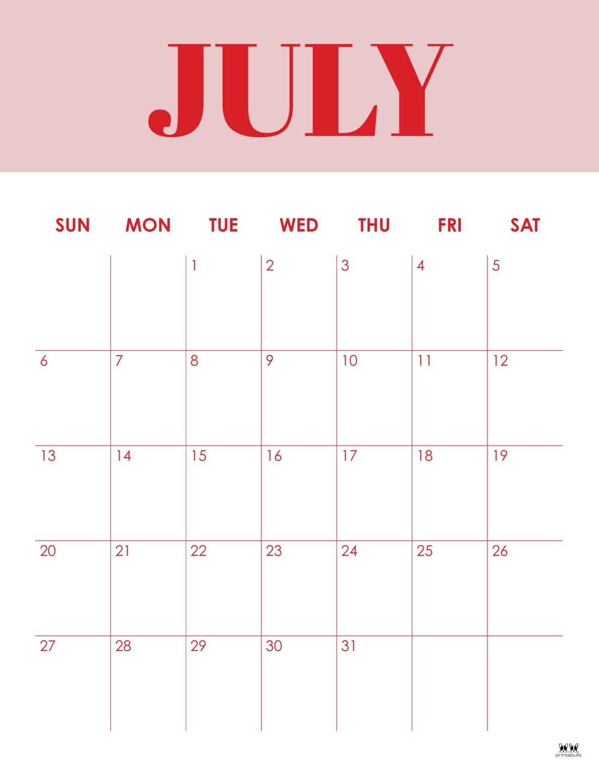 July 2025 Calendars - 107 FREE Printables | Printabulls