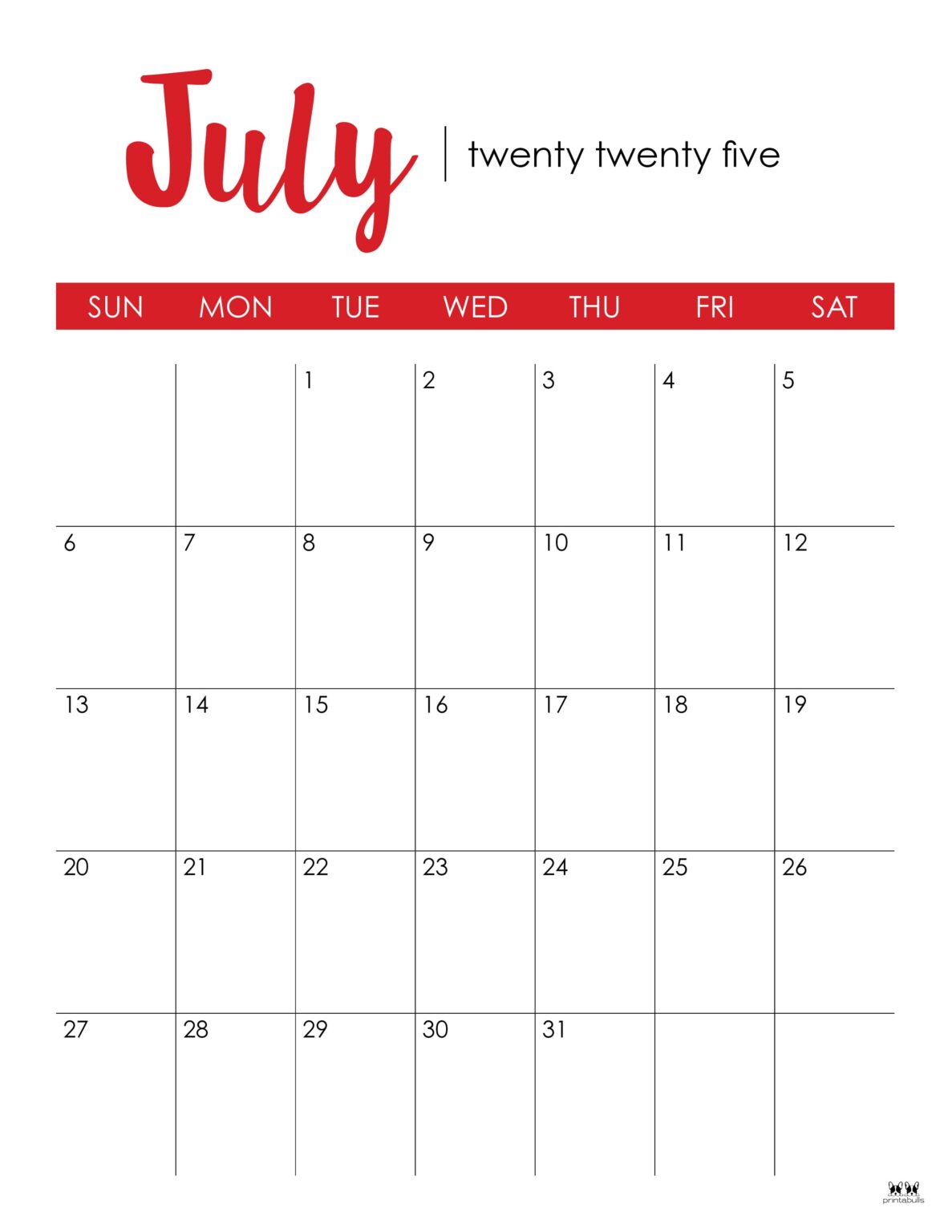 July 2025 Calendars - 107 FREE Printables | Printabulls