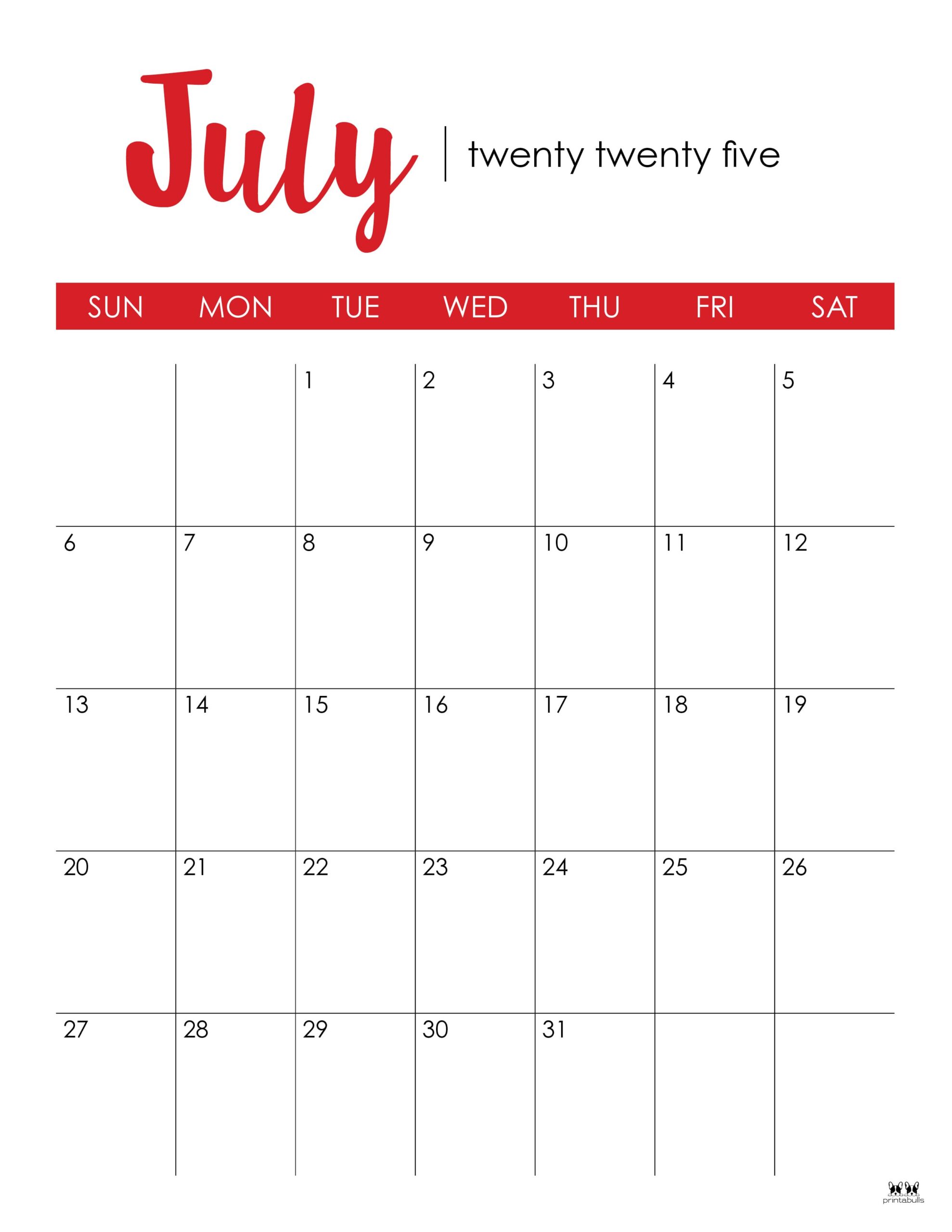 July 2025 Calendars - 107 FREE Printables | Printabulls