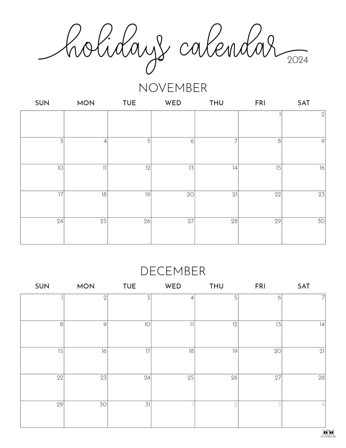 November December 2024 Calendars - 28 Printables | Printabulls