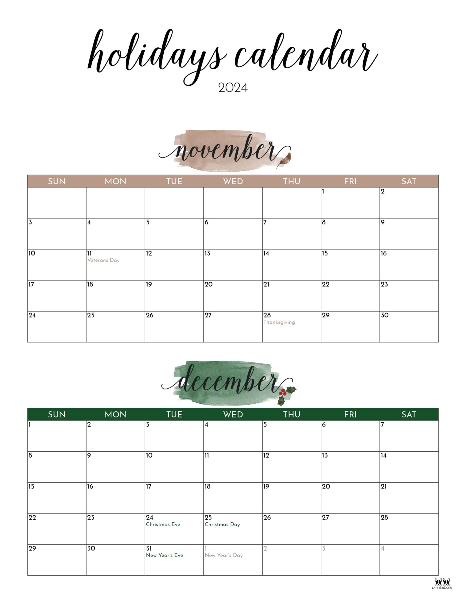 November December 2024 Calendars - 28 Printables | Printabulls