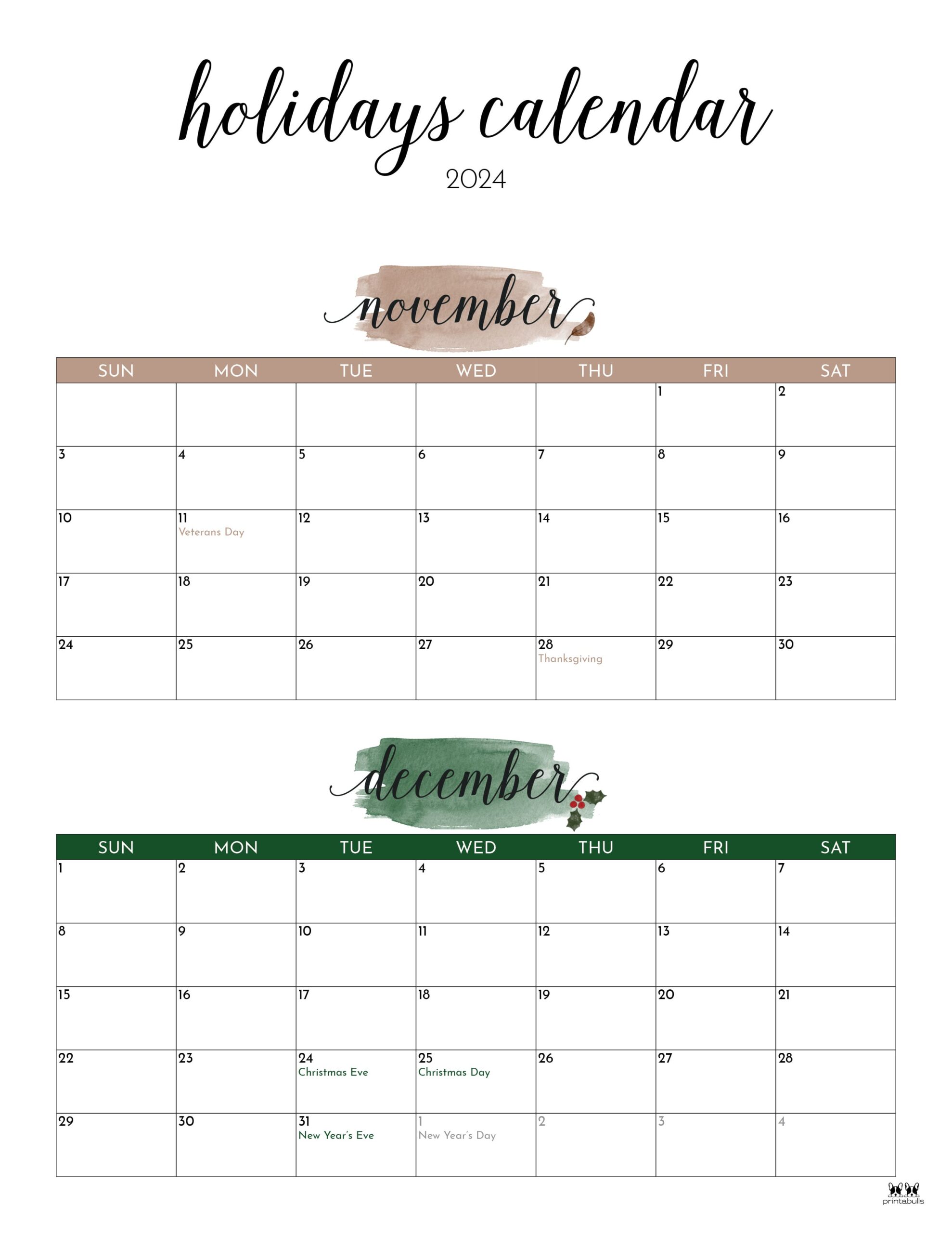 November December 2024 Calendars - 28 Printables | Printabulls