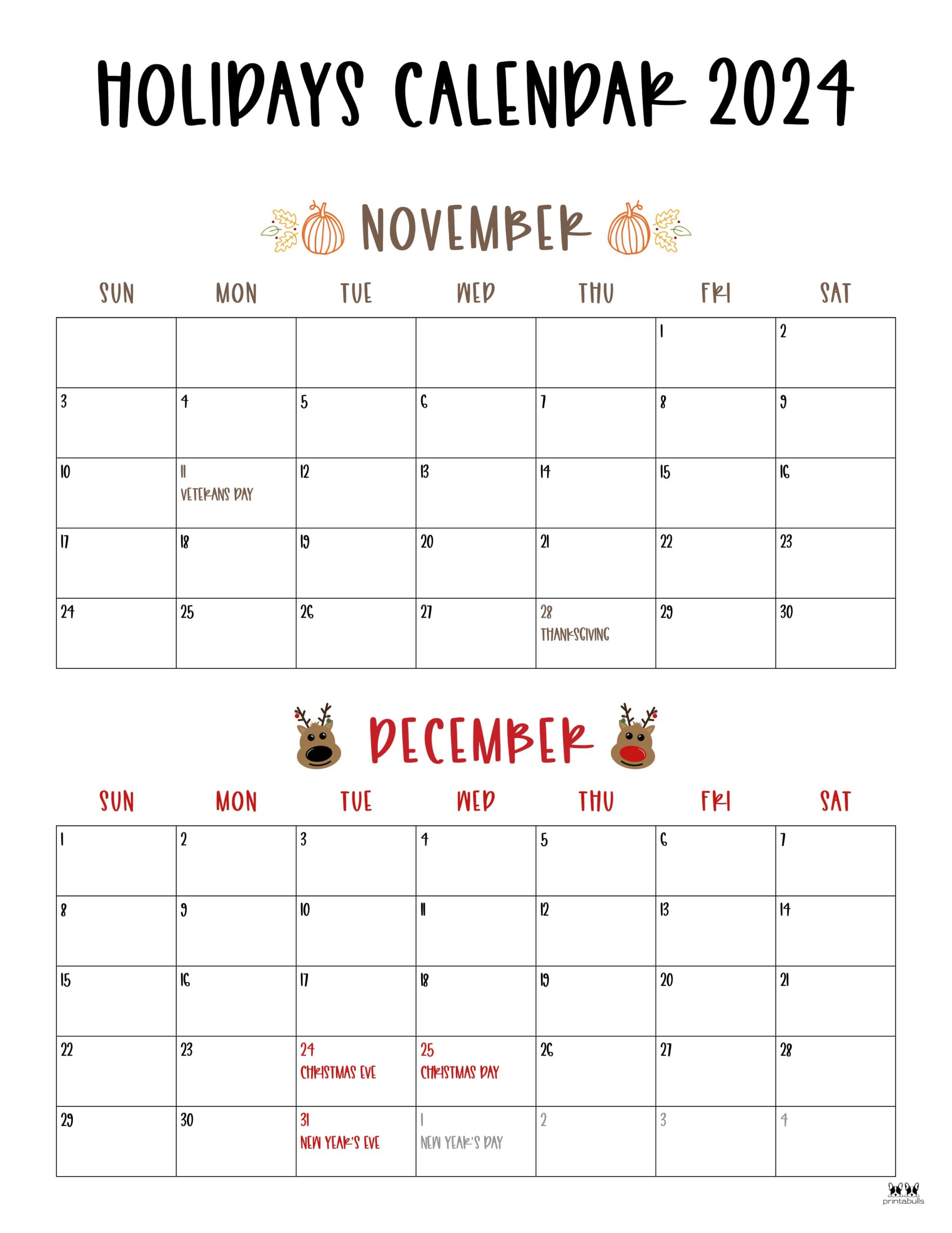 November December 2024 Calendars - 28 Printables | Printabulls