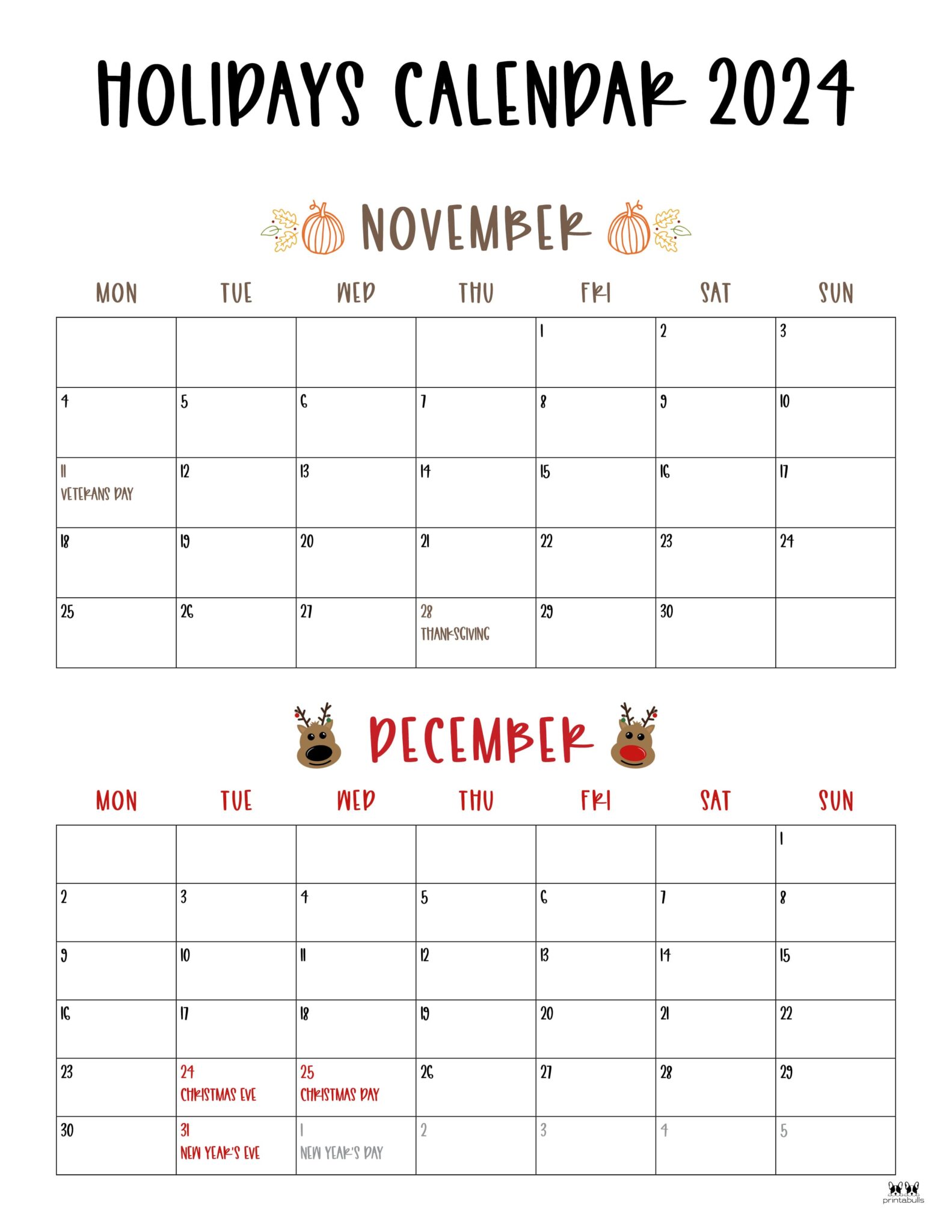 November December 2024 Calendars - 28 Printables - PrintaBulk