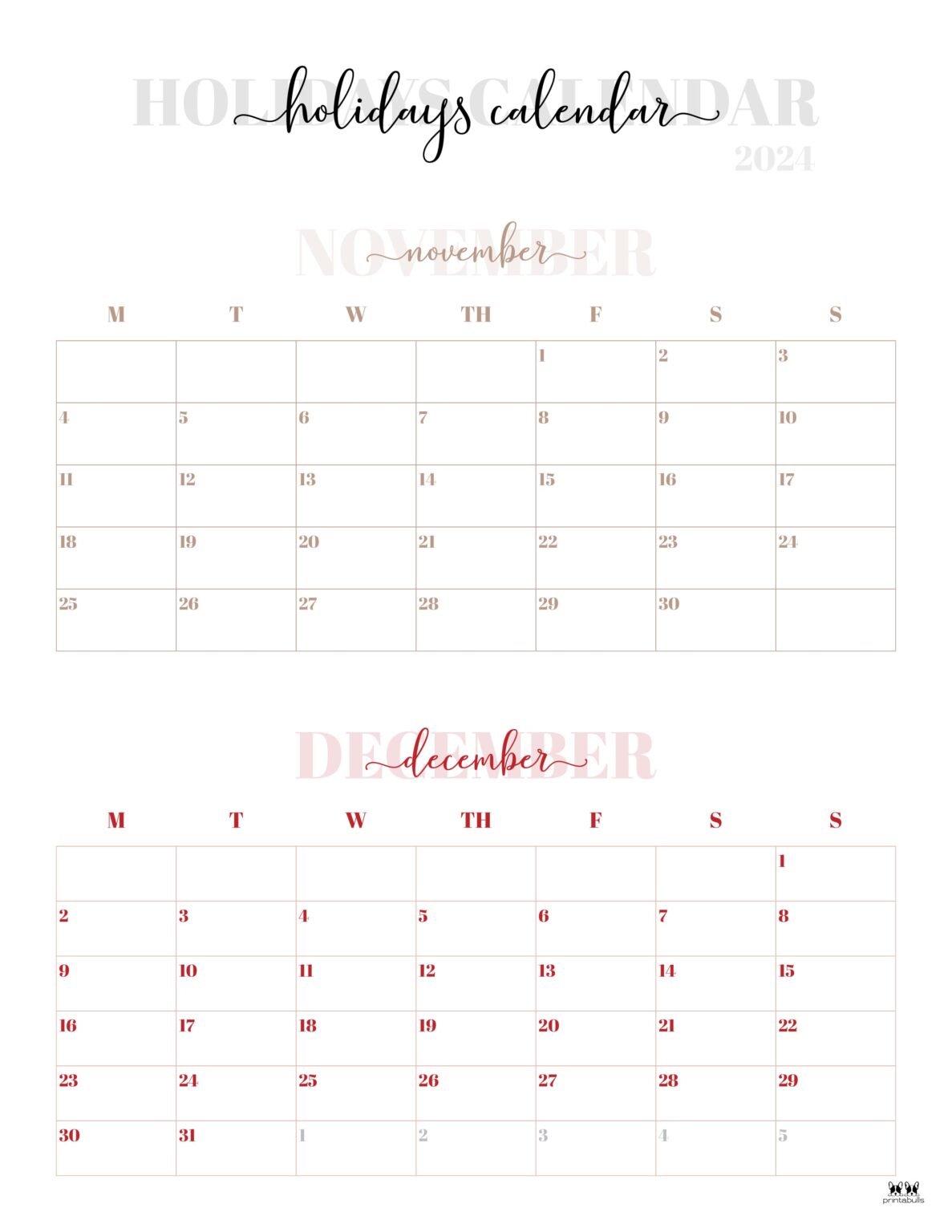 November December 2024 Calendars - 28 Printables | Printabulls