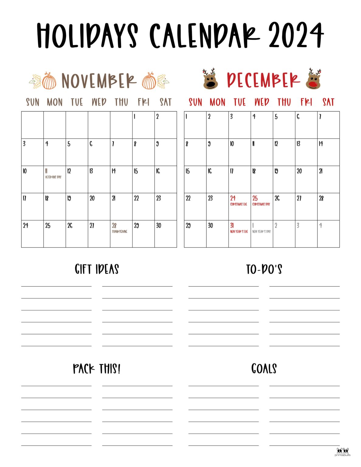 November December 2024 Calendars - 28 Printables | Printabulls