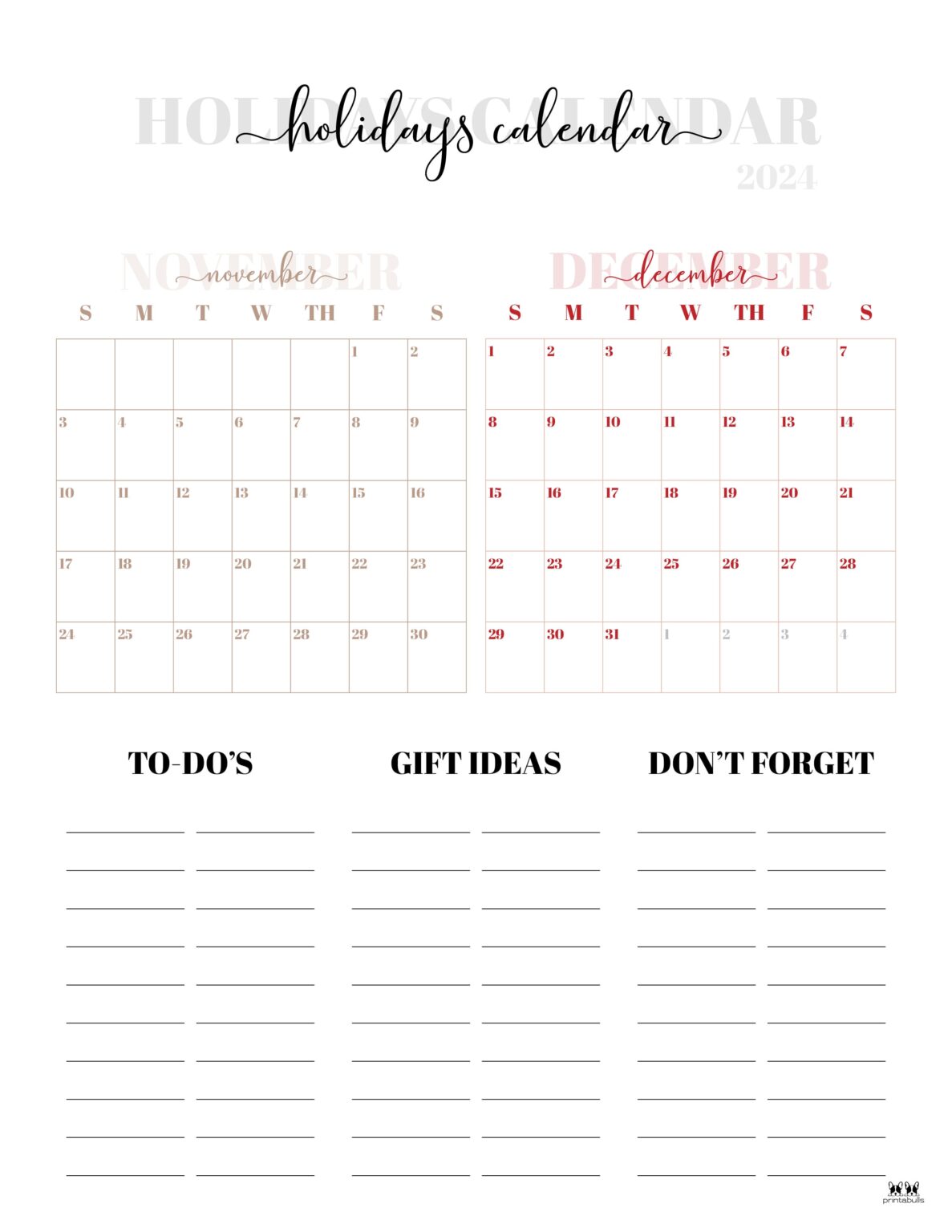 November December 2024 Calendars - 28 Printables | Printabulls