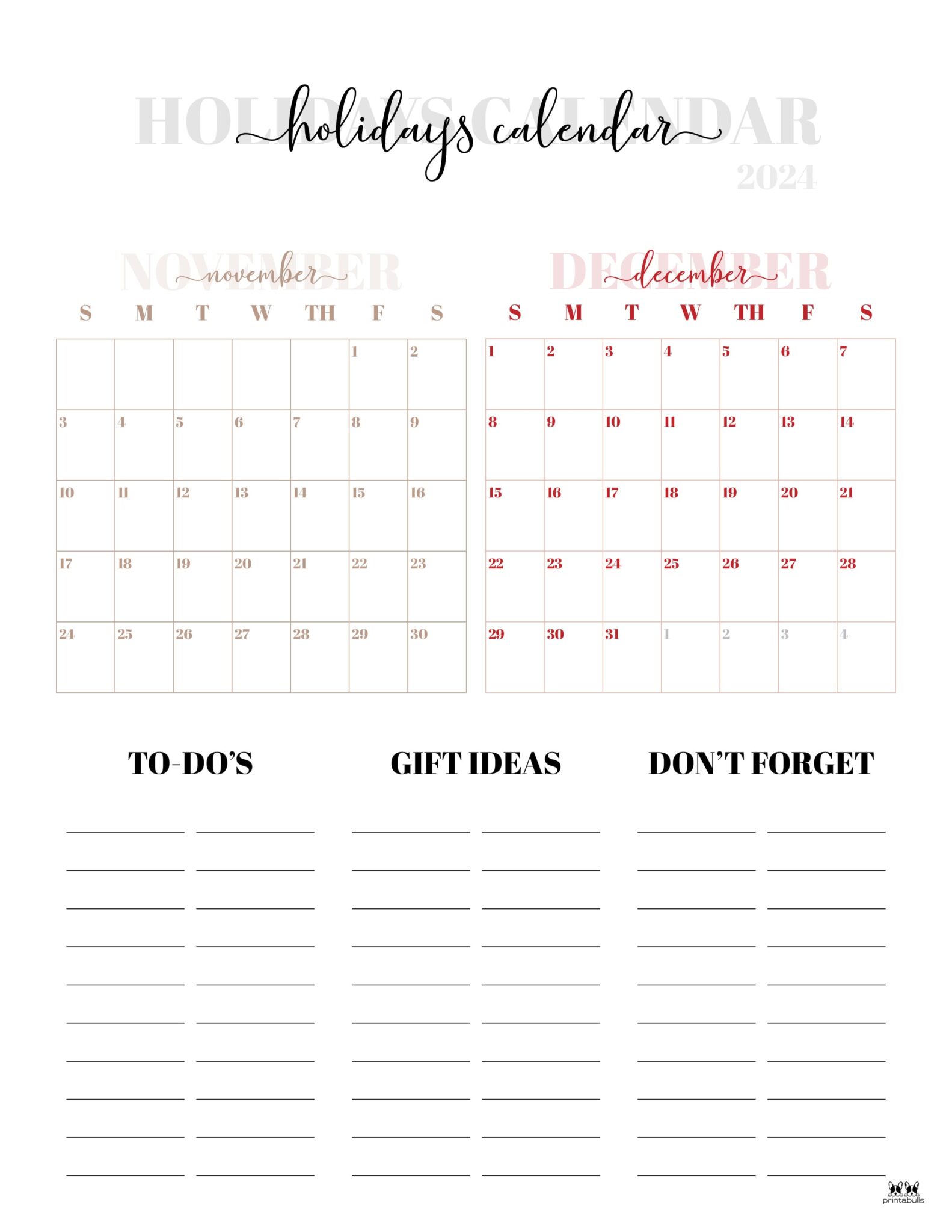 November December 2024 Calendars - 28 Printables | Printabulls