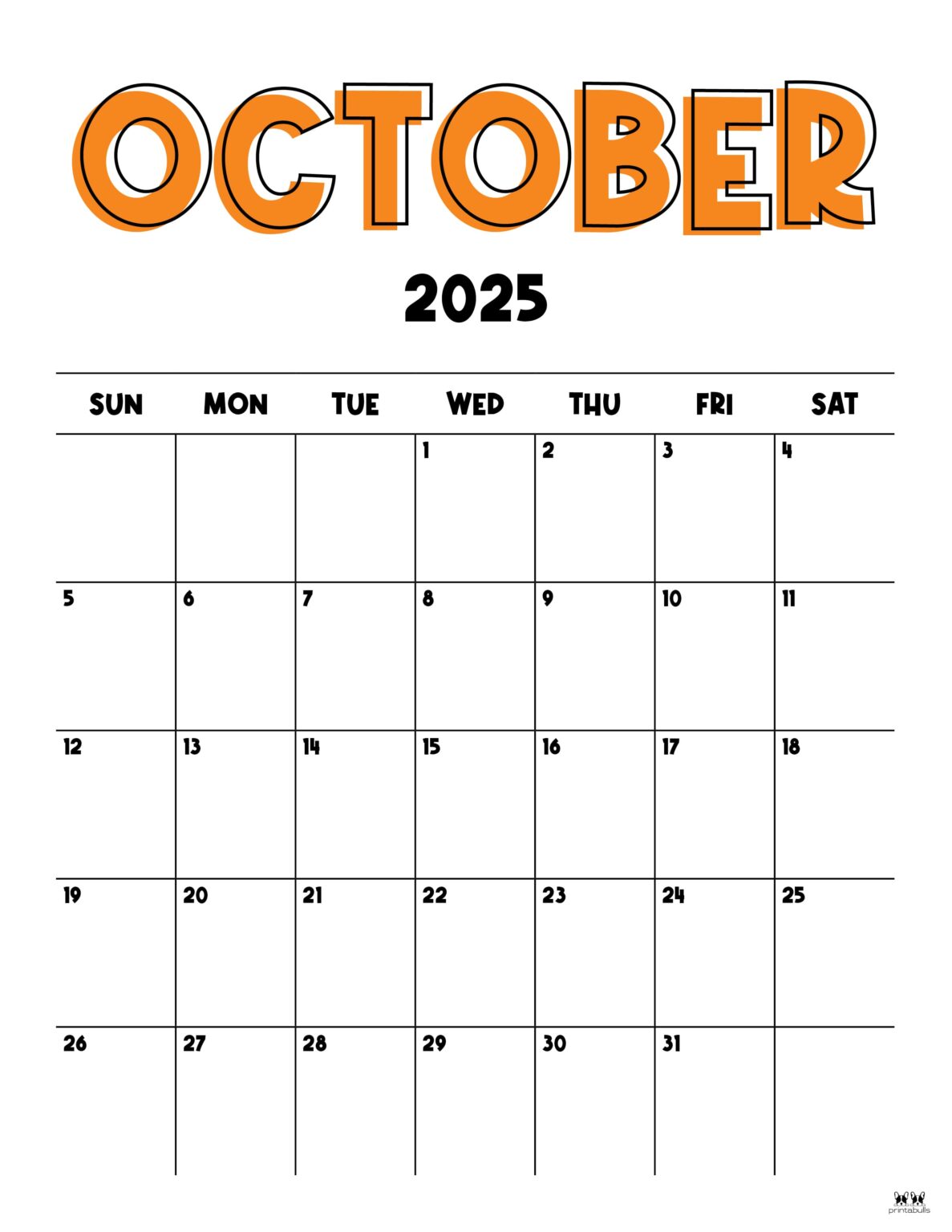 October 2025 Calendars - 107 FREE Printables | Printabulls
