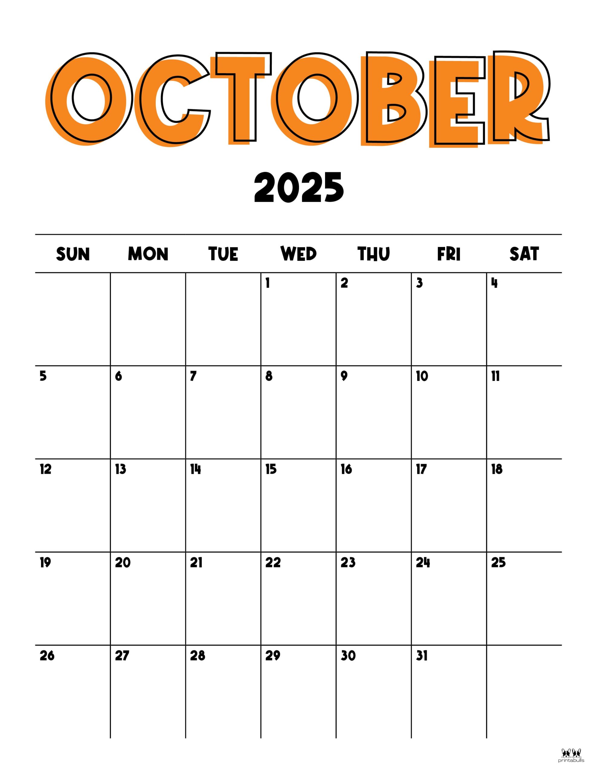 October 2025 Calendars - 107 FREE Printables | Printabulls