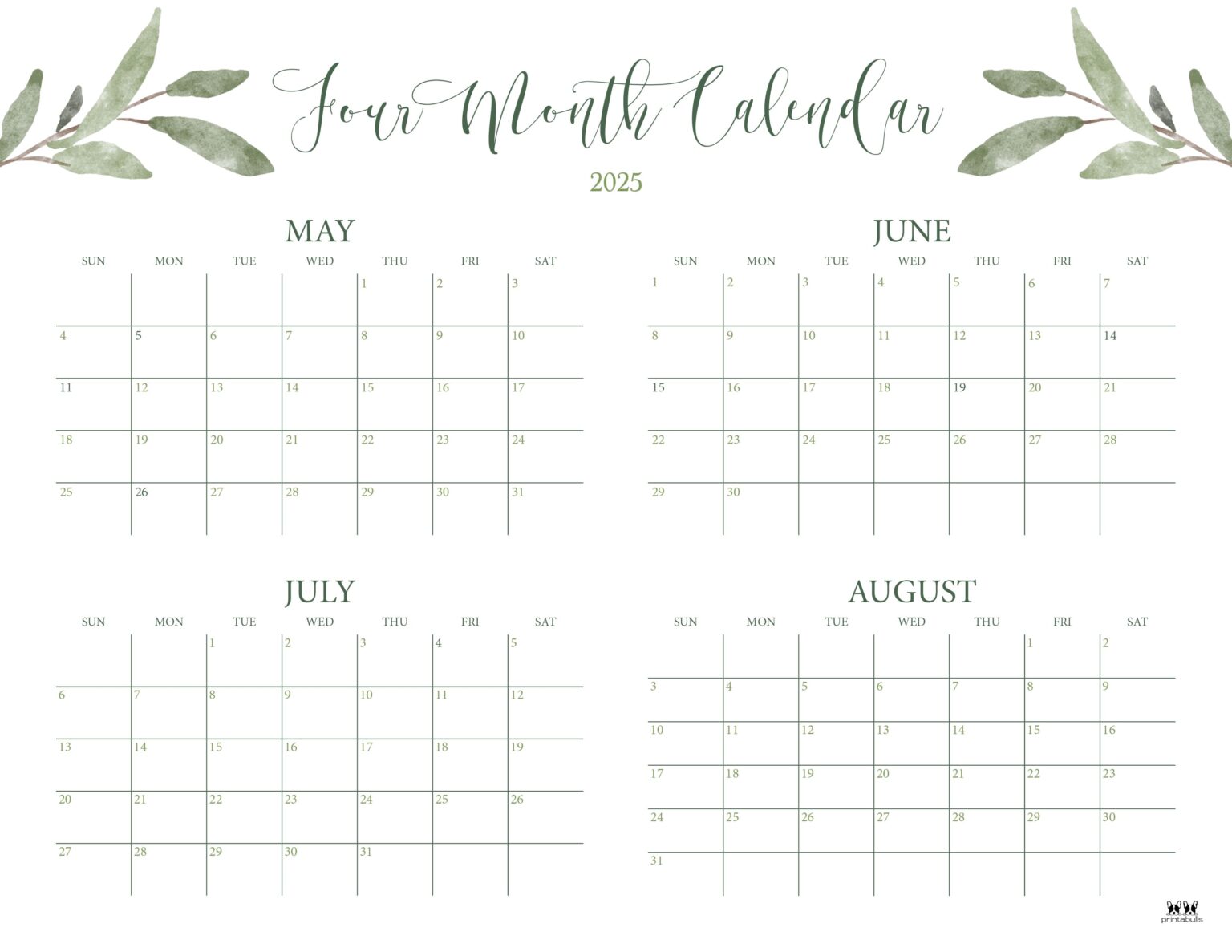 2025 Four Month Calendars - 31 FREE Printables | Printabulls