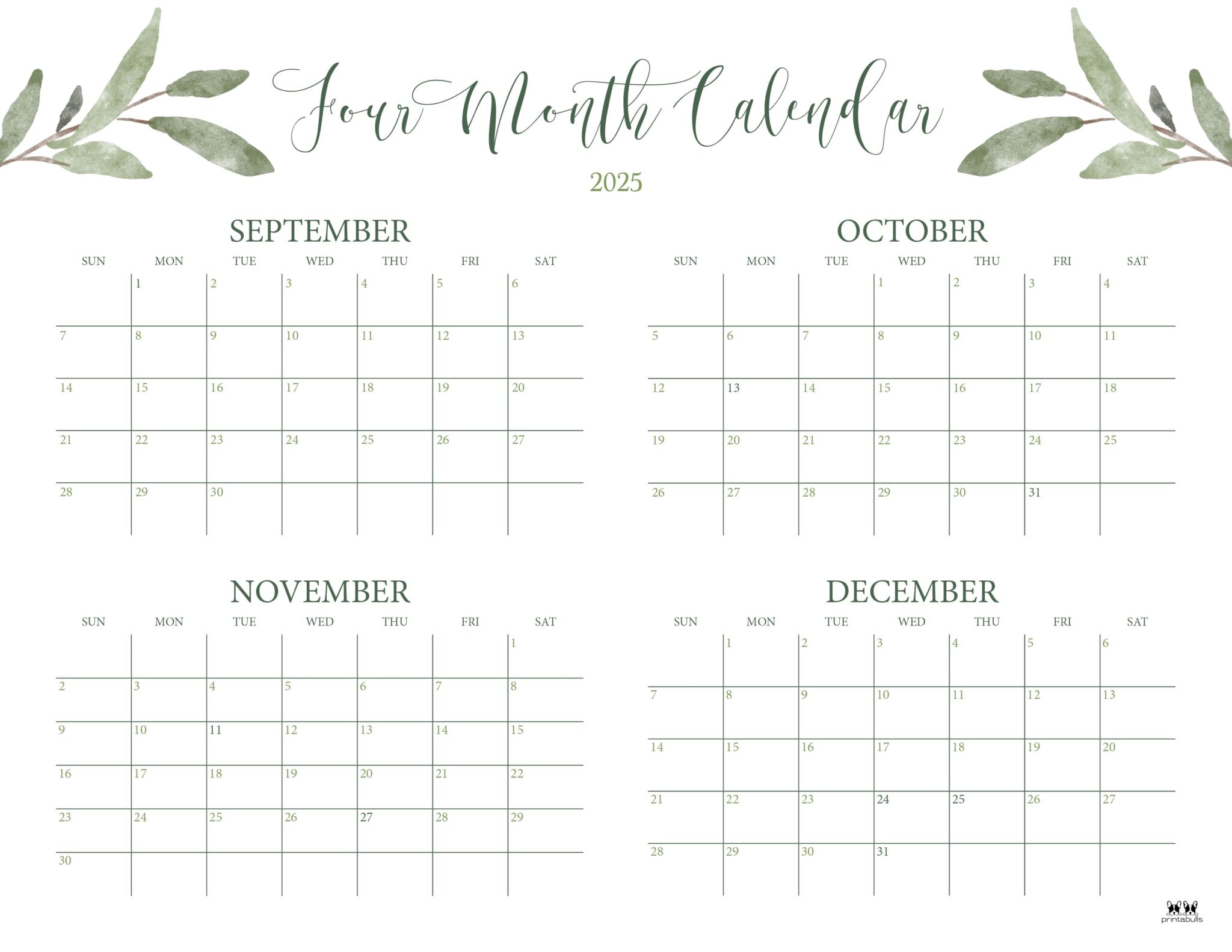 2025 Four Month Calendars - 31 FREE Printables | Printabulls