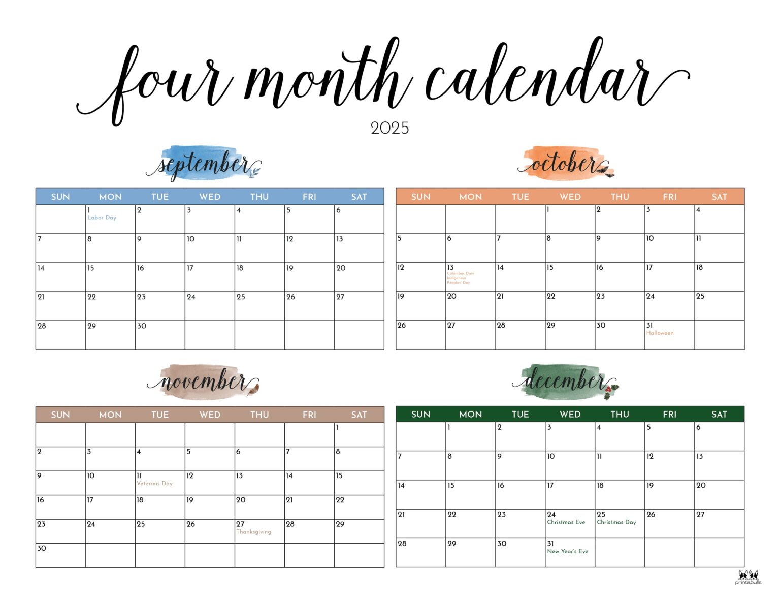 2025 Four Month Calendars - 31 FREE Printables | Printabulls