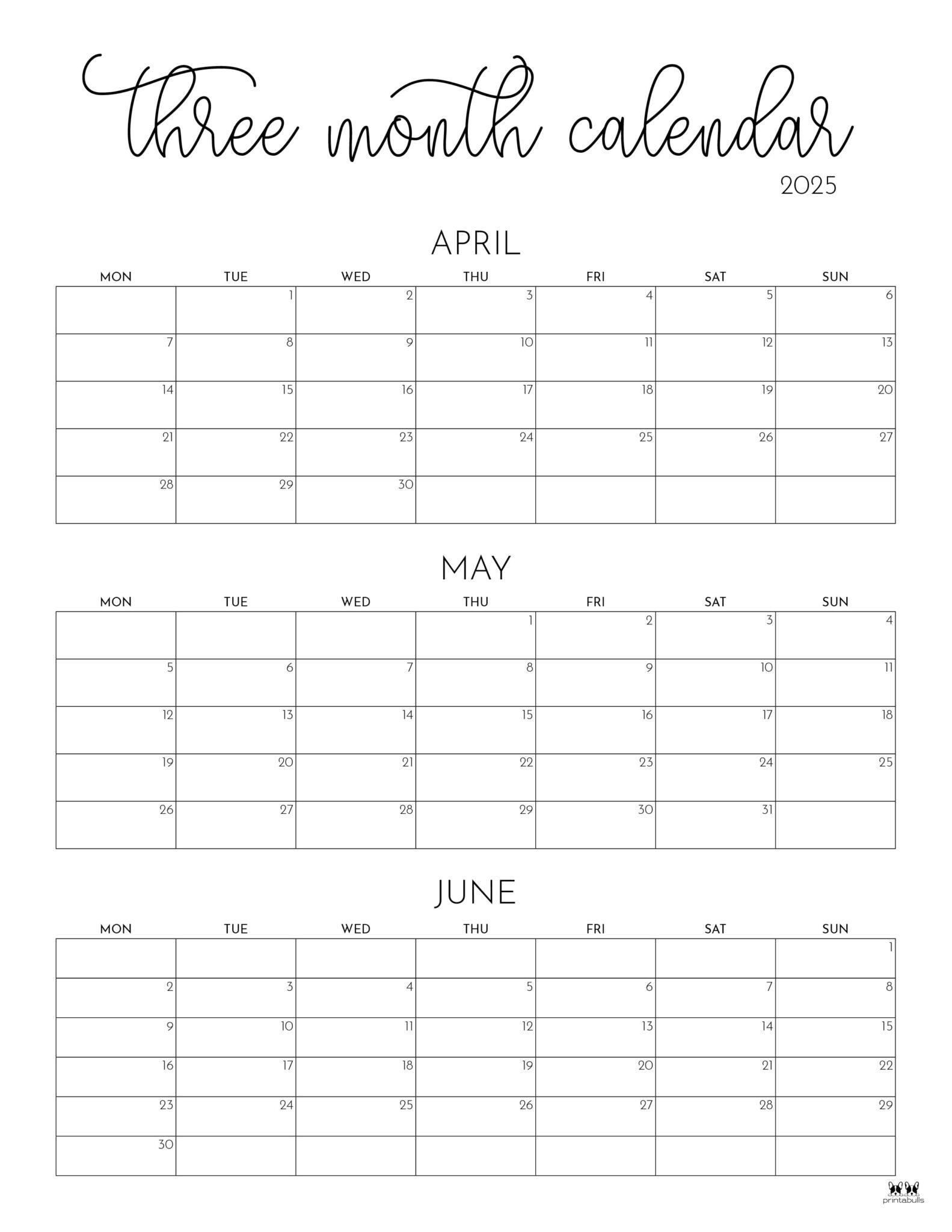 2025 Three Month/Quarterly Calendars - 36 FREE Cals | Printabulls
