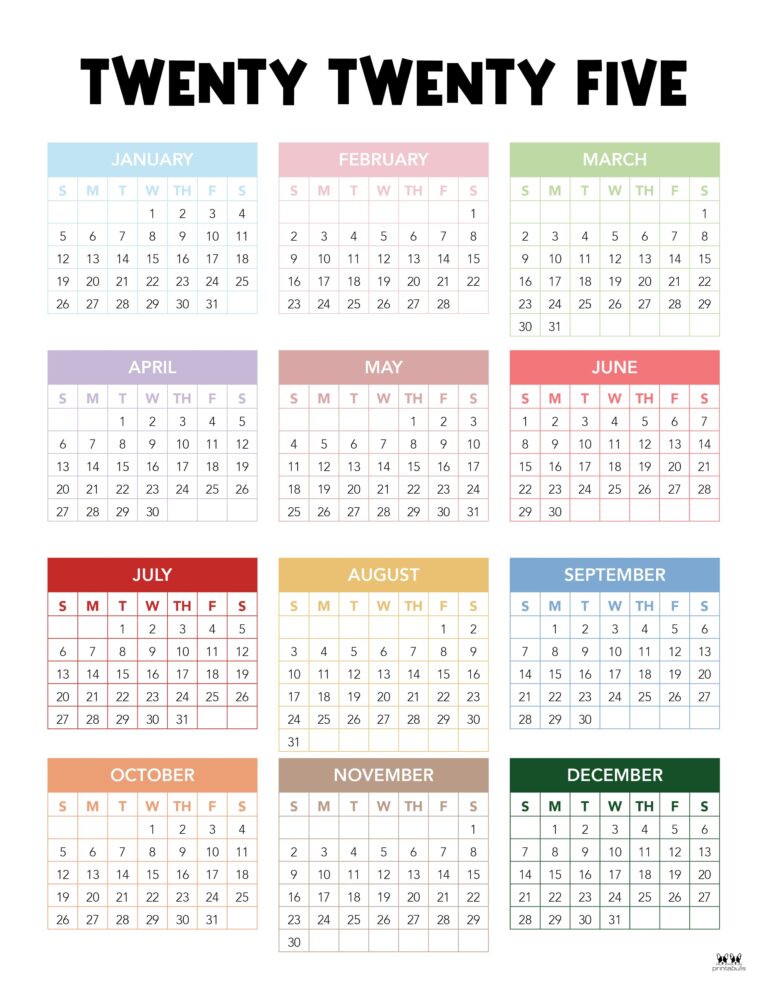 2025 Yearly Calendars - 29 FREE Printables | Printabulls