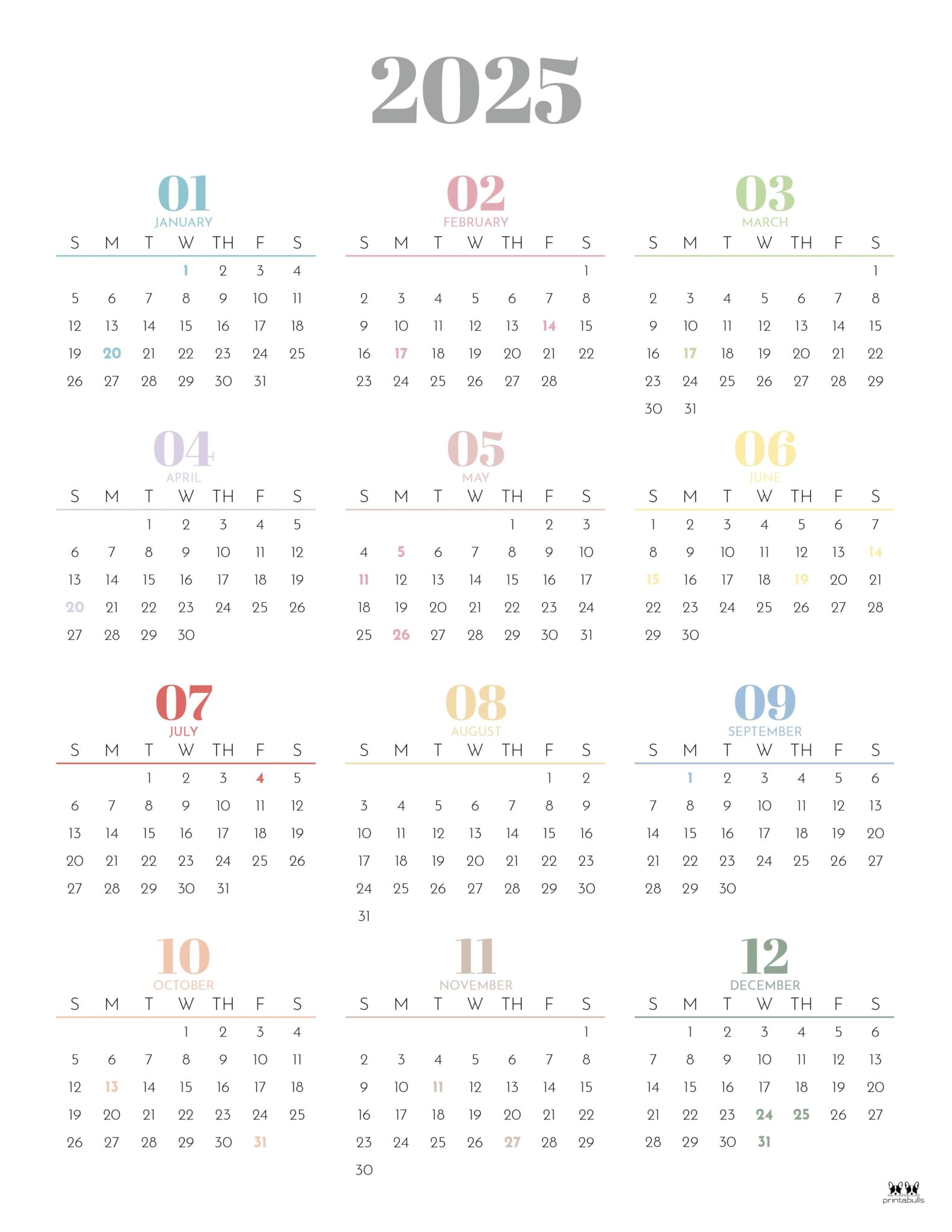 2025 Yearly Calendars - 29 FREE Printables | Printabulls