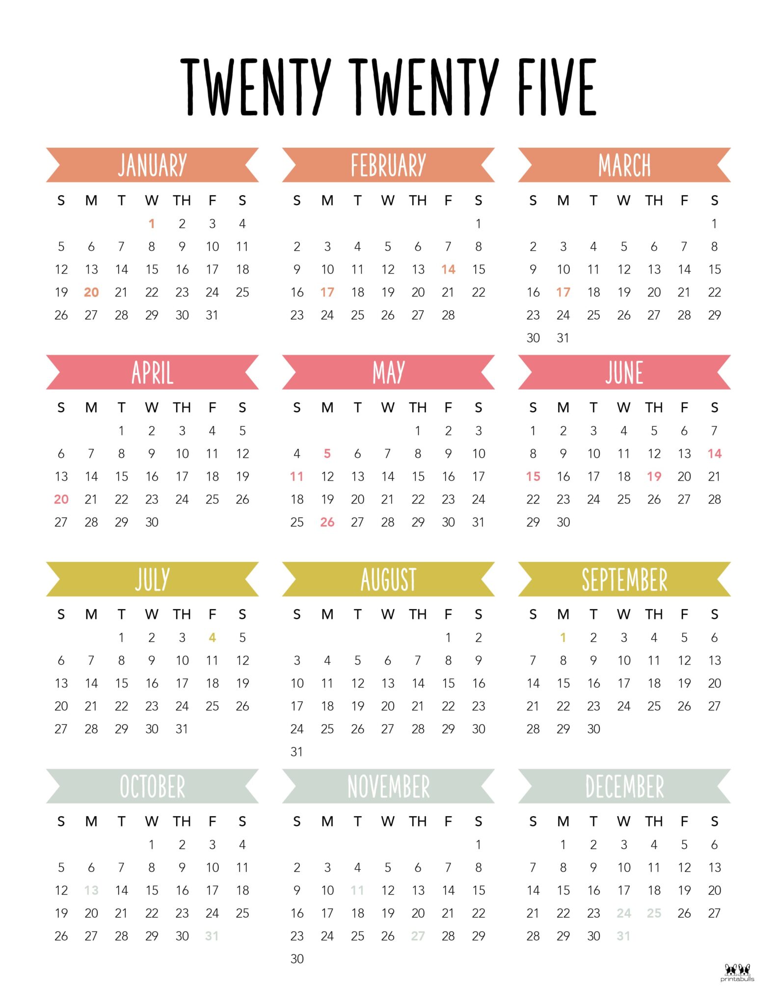 2025 Yearly Calendars - 29 FREE Printables | Printabulls