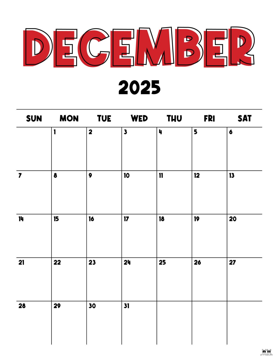 December 2025 Calendars - 107 FREE Printables | Printabulls