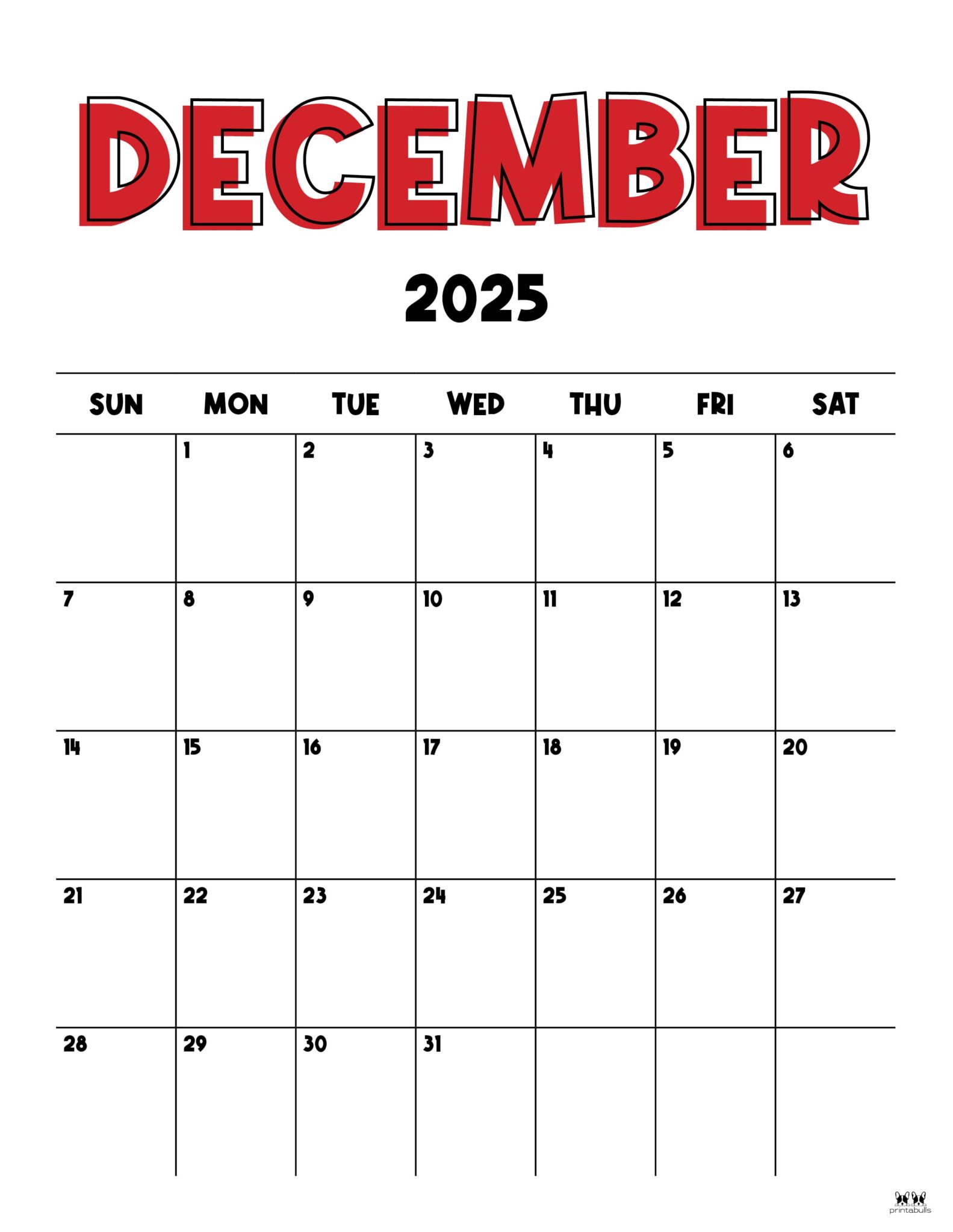 December 2025 Calendars - 107 FREE Printables | Printabulls