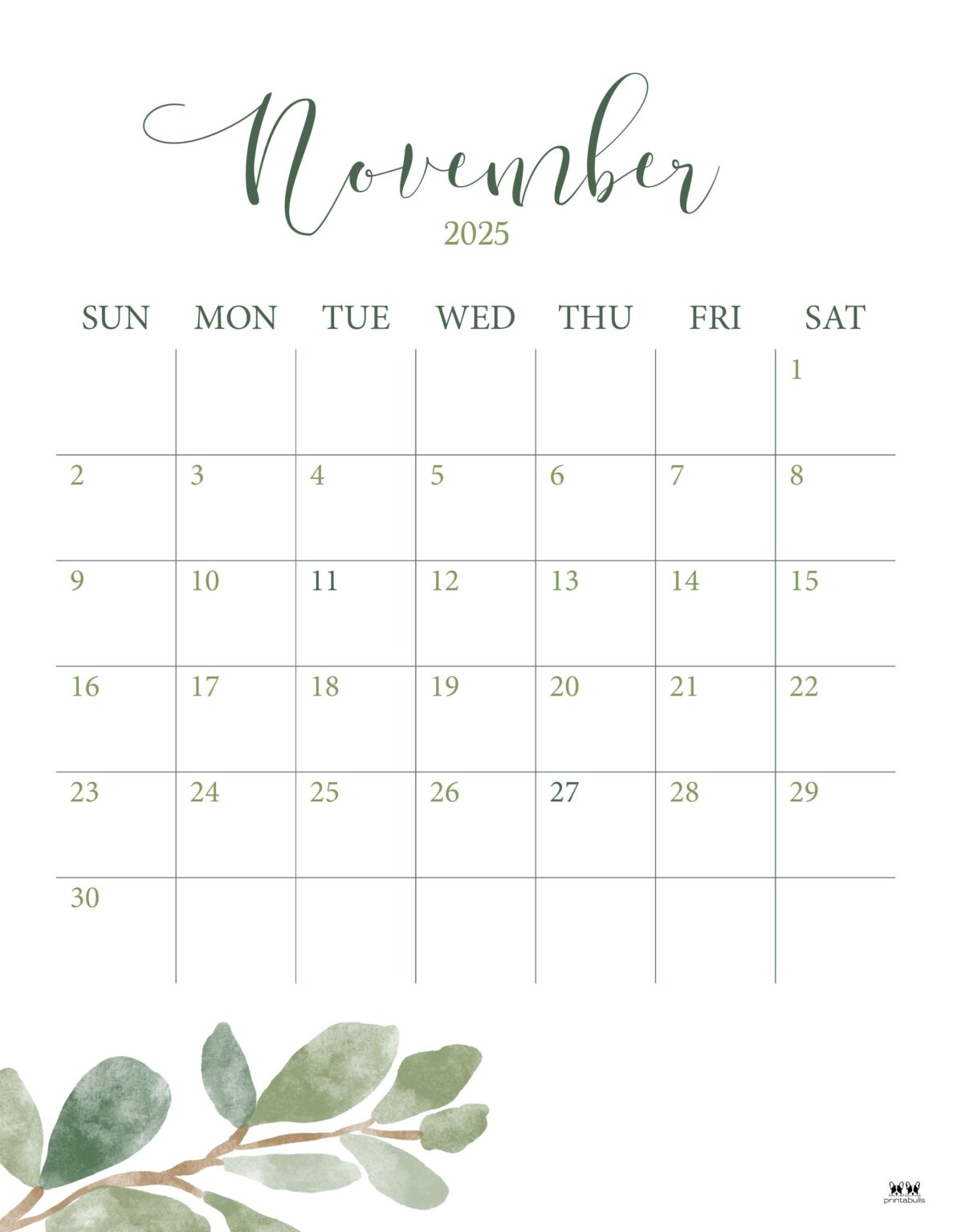 November 2025 Calendars - 107 FREE Printables | Printabulls