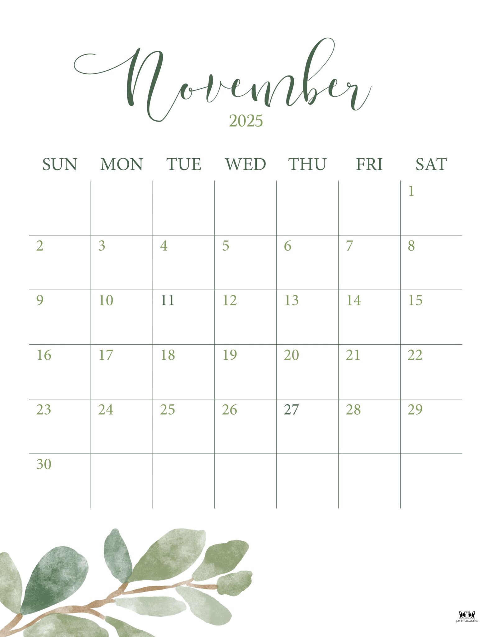November 2025 Calendars - 107 FREE Printables | Printabulls