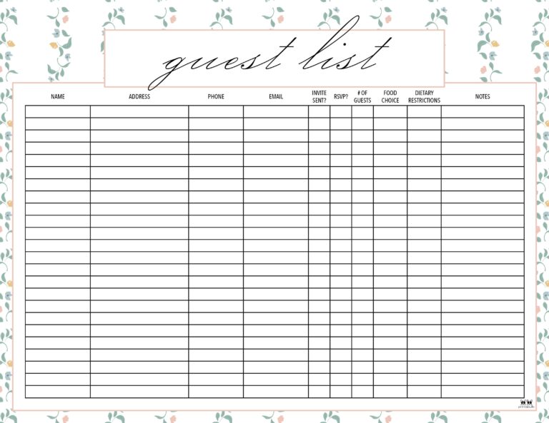 Wedding Guest List Templates - 20 FREE Lists | Printabulls
