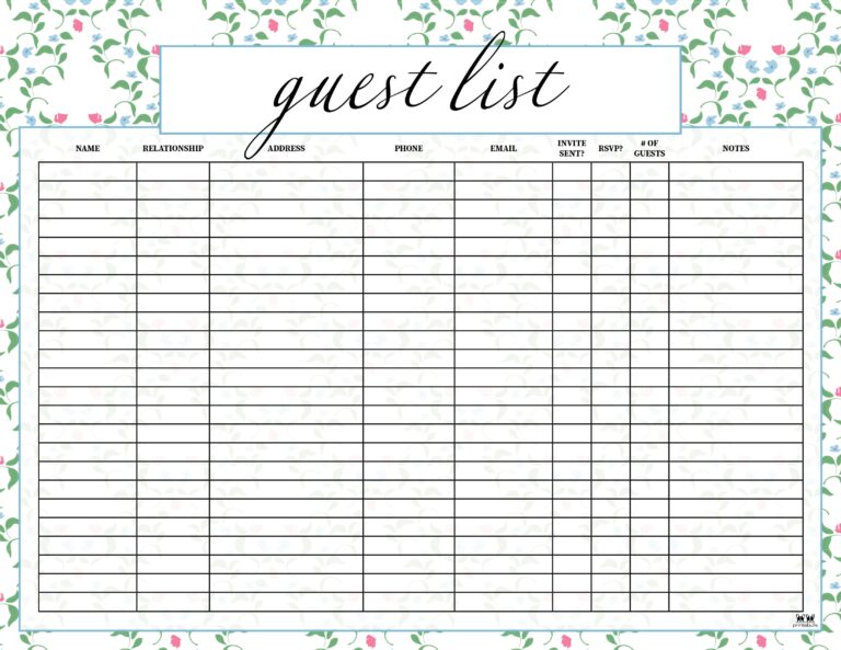 Wedding Guest List Templates - 20 FREE Lists | Printabulls