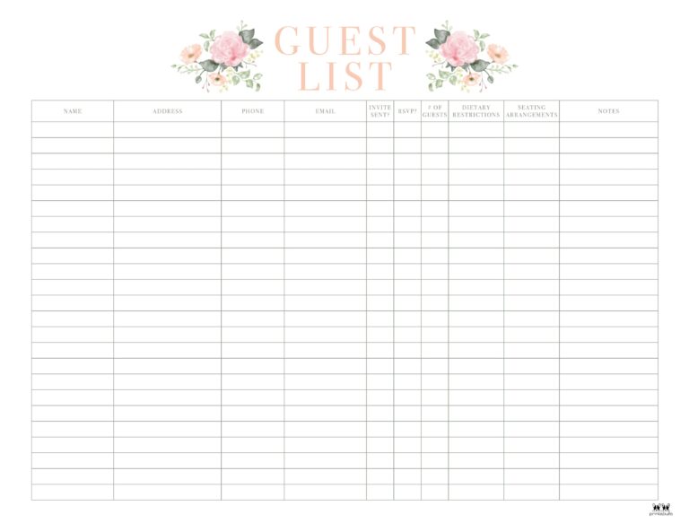 Wedding Guest List Templates - 20 FREE Lists | Printabulls