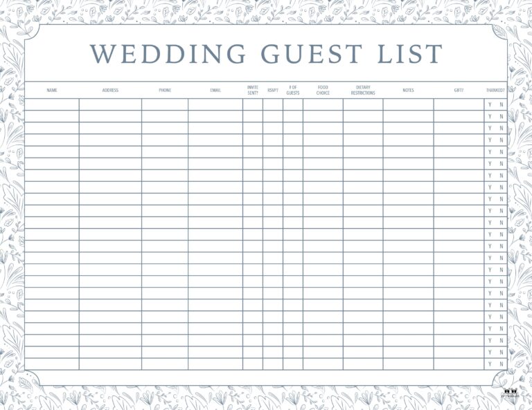 Wedding Guest List Templates - 20 FREE Lists | Printabulls
