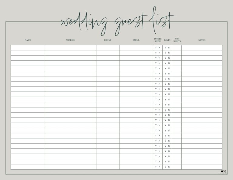 Wedding Guest List Templates - 20 FREE Lists | Printabulls