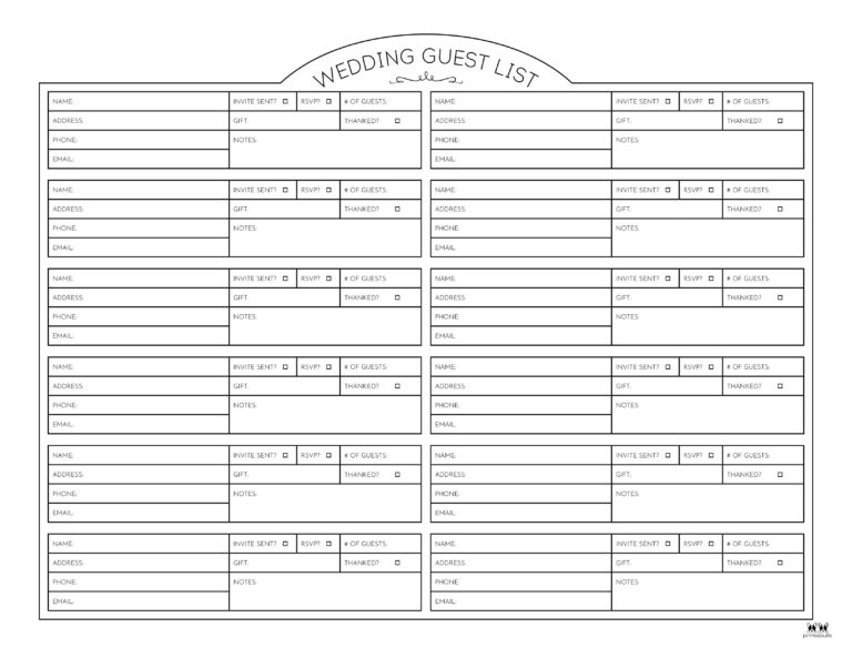 Wedding Guest List Templates - 20 FREE Lists | Printabulls