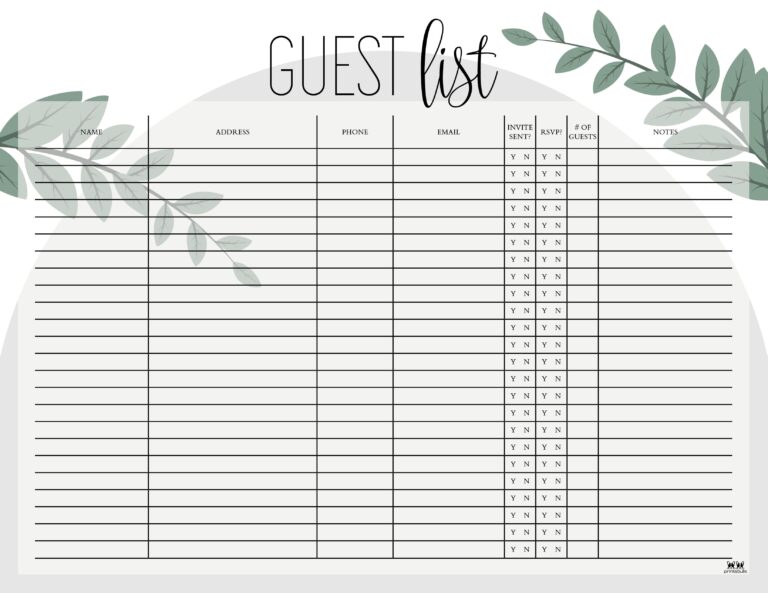 Wedding Guest List Templates - 20 FREE Lists - PrintaBulk