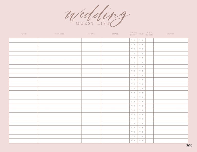 Wedding Guest List Templates - 20 FREE Lists | Printabulls