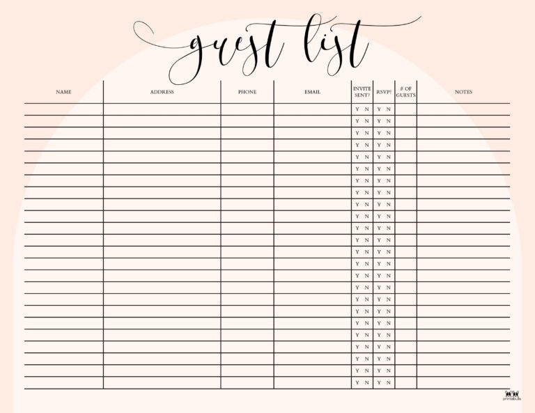 Wedding Guest List Templates - 20 FREE Lists | Printabulls