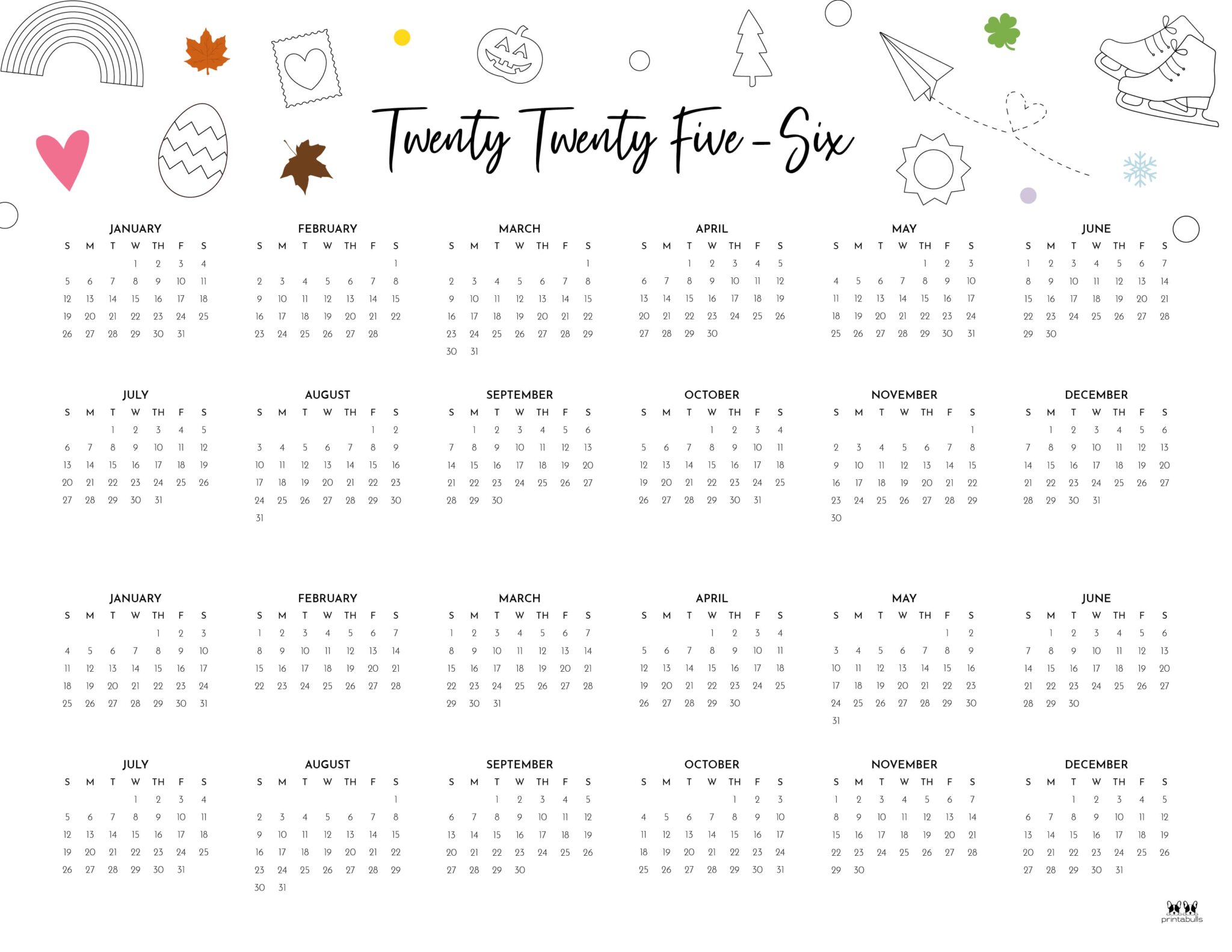 2025-2026 Two Year Calendars - 10 FREE Cals | Printabulls