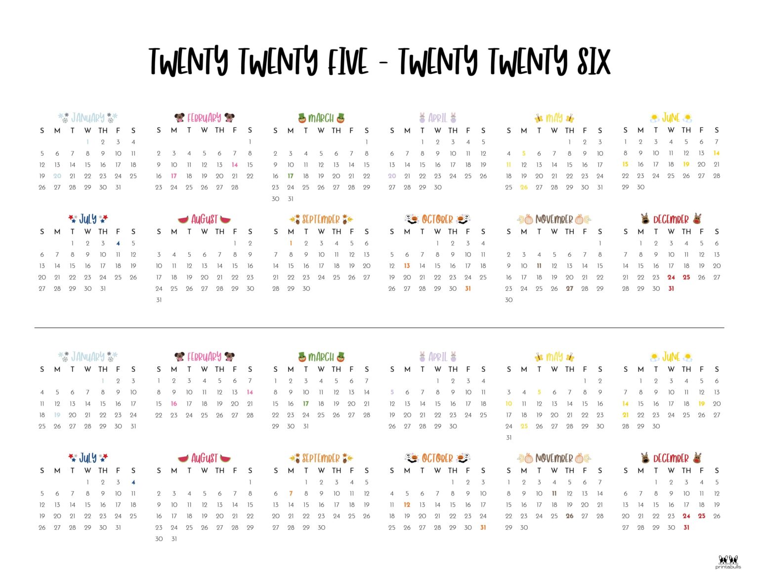 2025-2026 Two Year Calendars - 10 FREE Cals | Printabulls