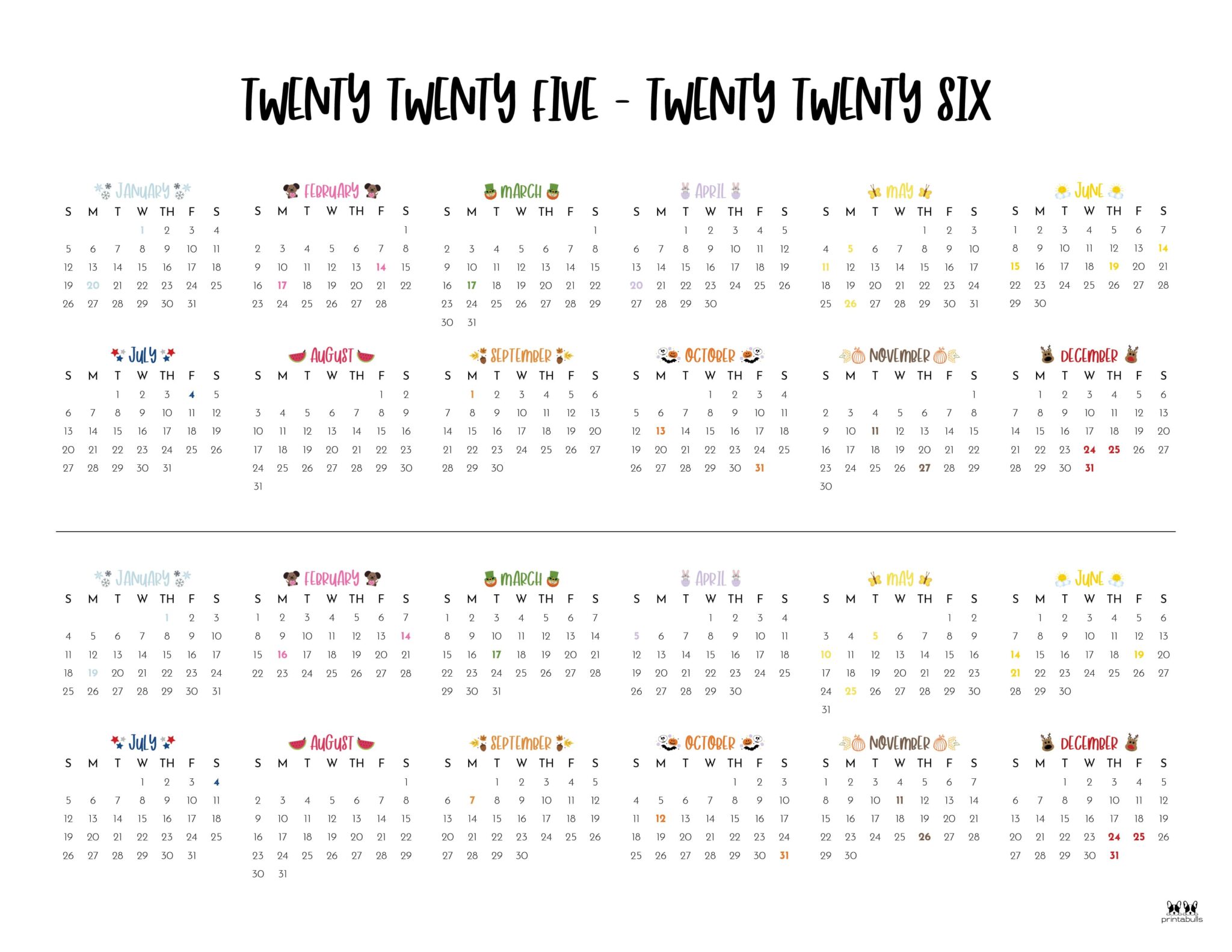 2025-2026 Two Year Calendars - 10 FREE Cals | Printabulls