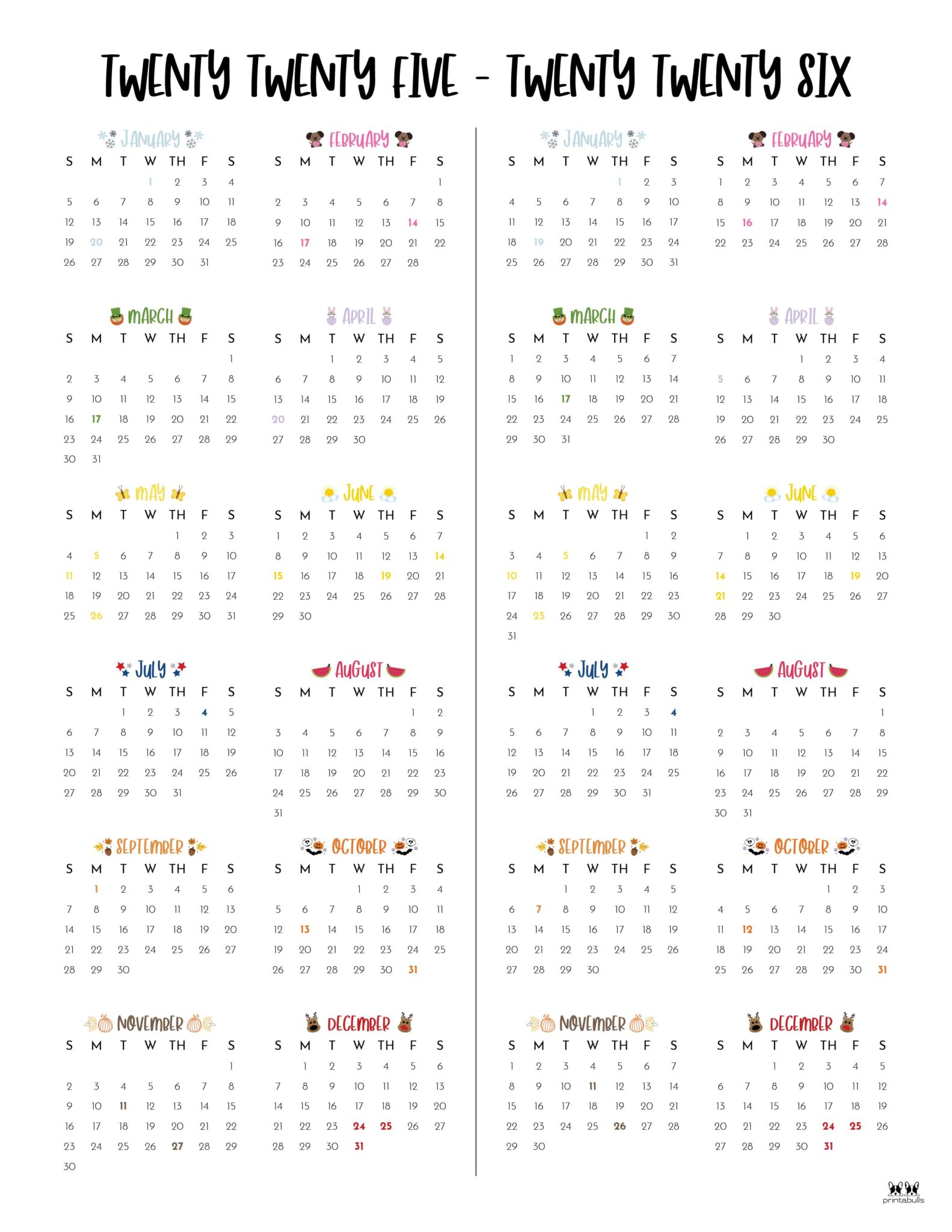 2025-2026 Two Year Calendars - 10 FREE Cals | Printabulls