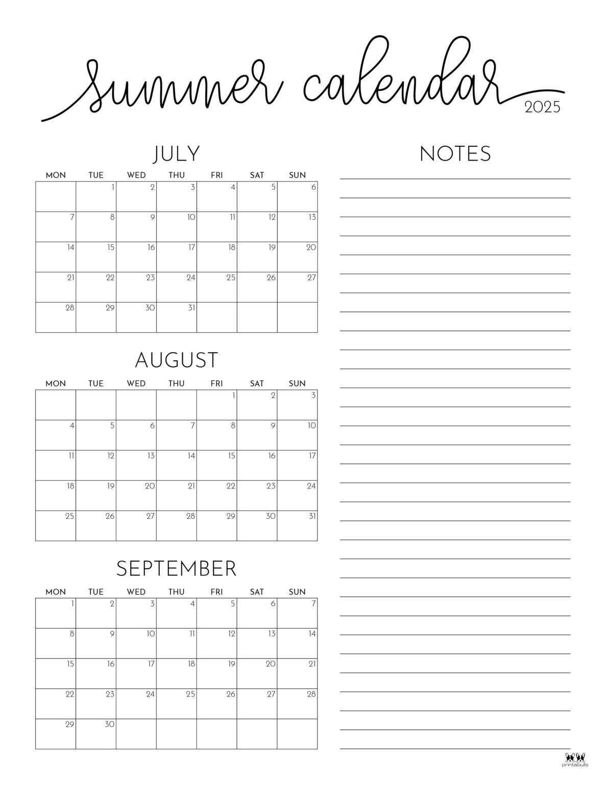 2025 Summer Calendars - 27 FREE Printables | Printabulls