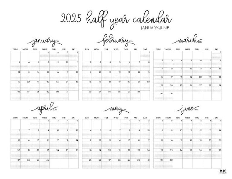 6 Month Calendars 2025 - 40 FREE Calendars | Printabulls