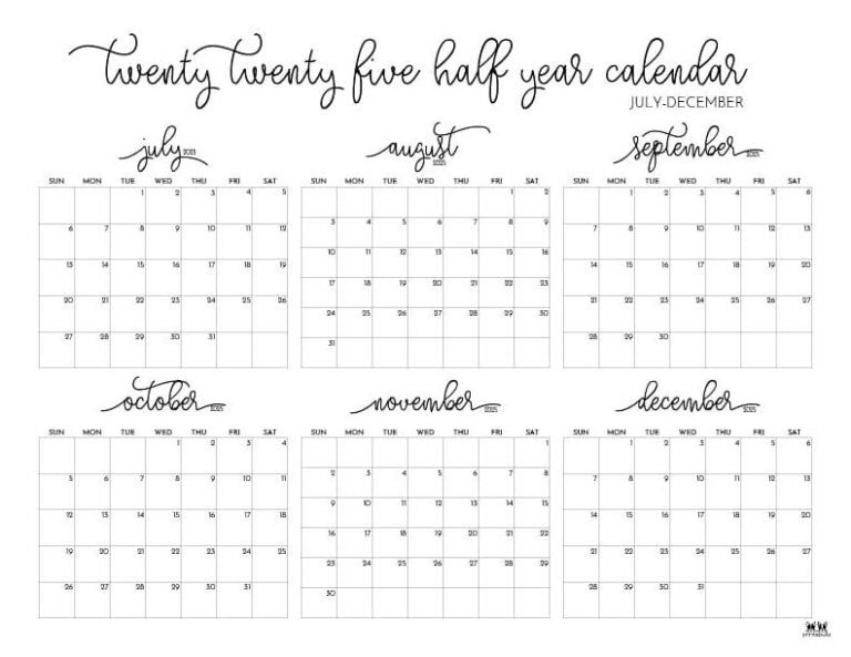 6 Month Calendars 2025 - 40 FREE Calendars - PrintaBulk