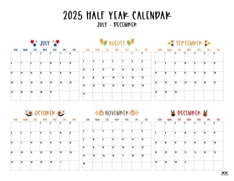 6 Month Calendars 2025 - 40 FREE Calendars | Printabulls