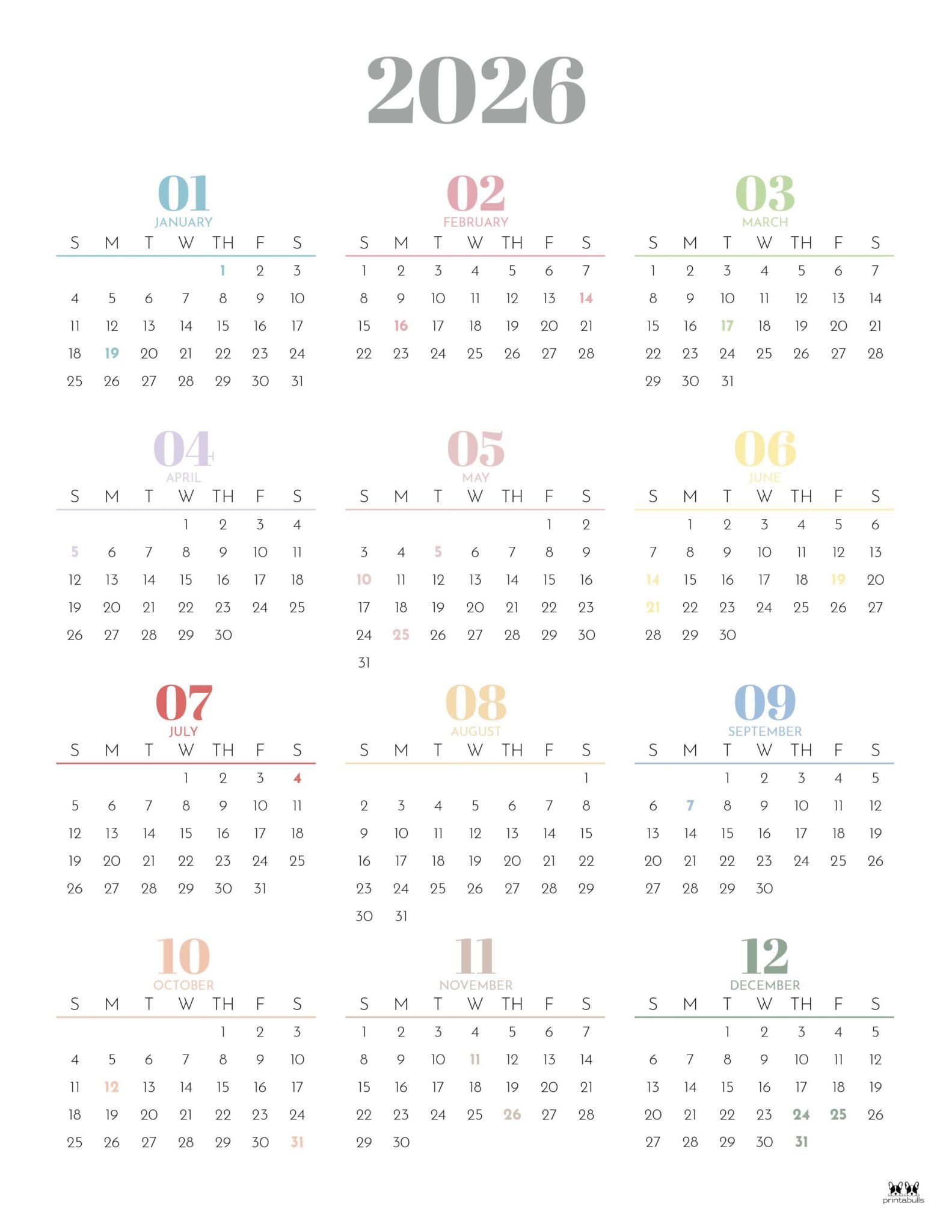 2026 Yearly Calendars - 29 Free Printables | Printabulls