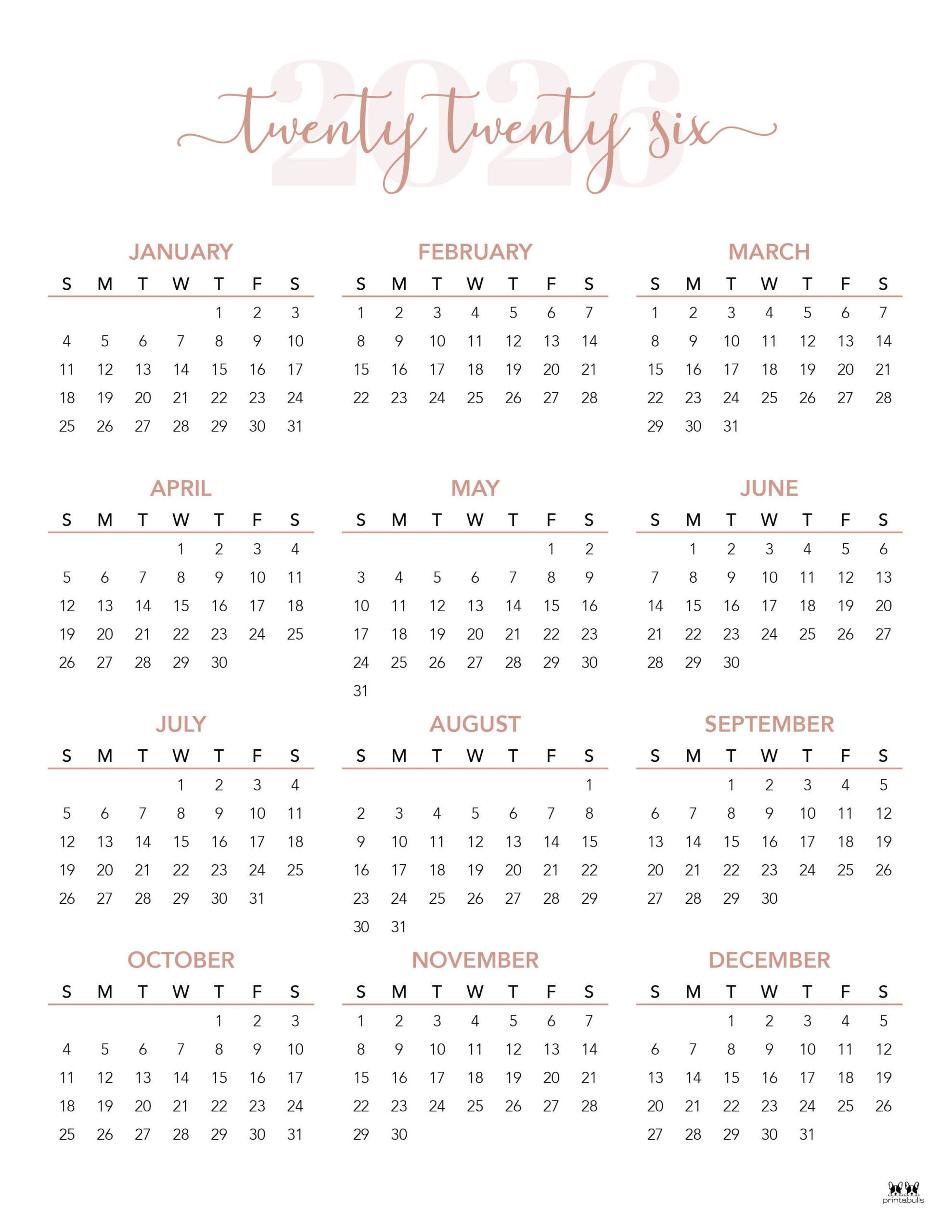 2026 Yearly Calendars - 29 Free Printables | Printabulls