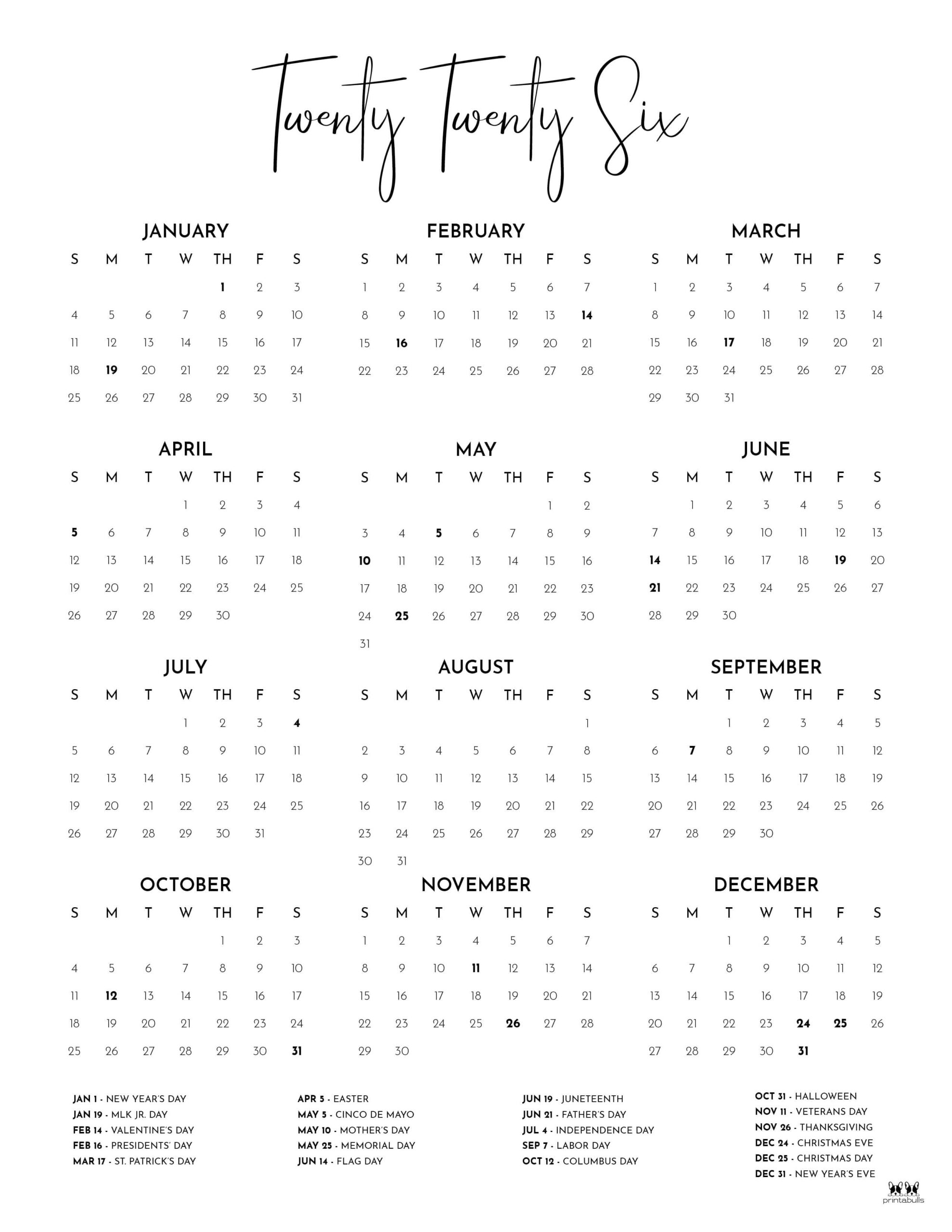 2026 Yearly Calendars - 29 Free Printables | Printabulls
