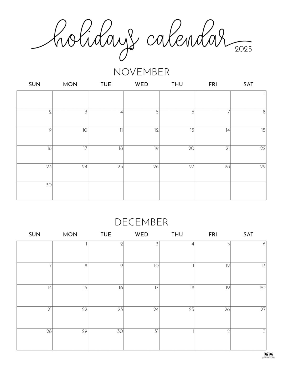 November December 2025 Calendars - 28 Printables | Printabulls