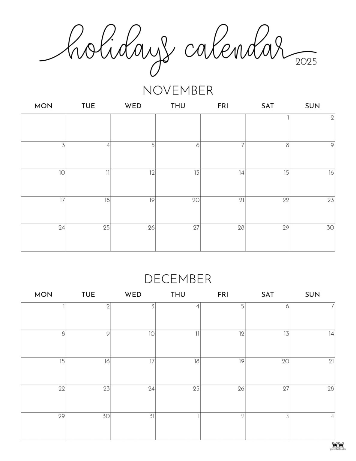 November December 2025 Calendars - 28 Printables | Printabulls