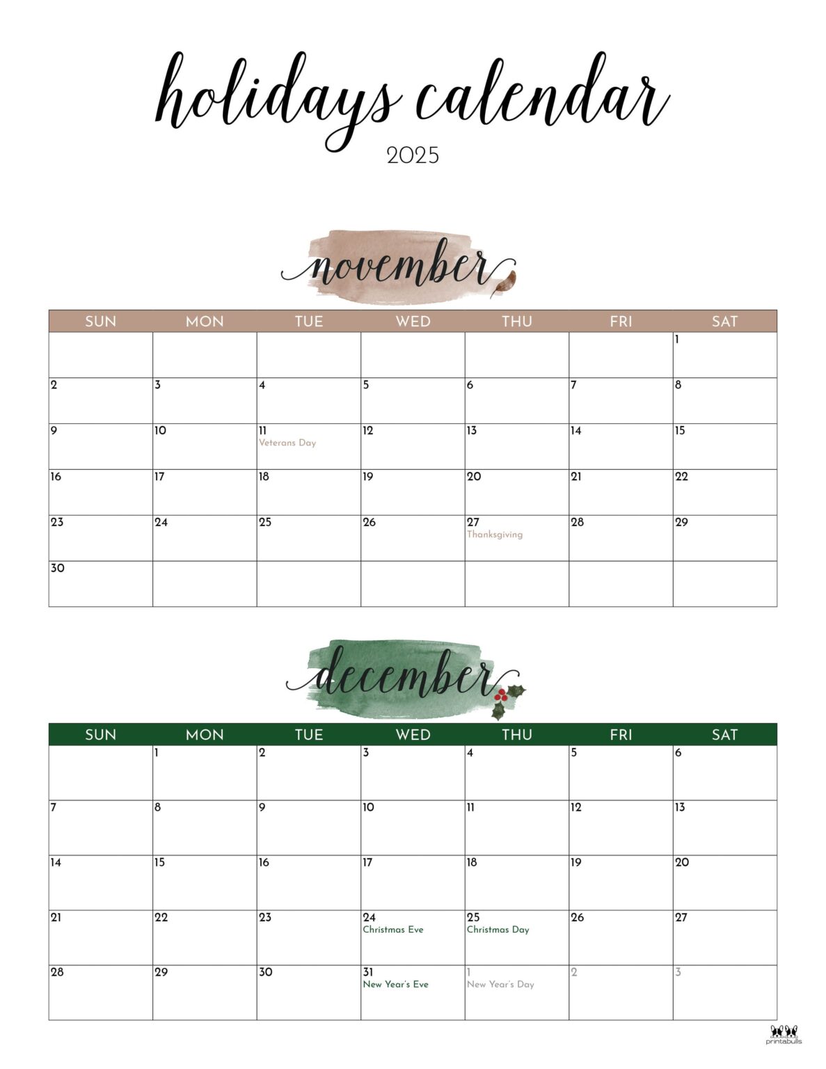 November December 2025 Calendars - 28 Printables | Printabulls