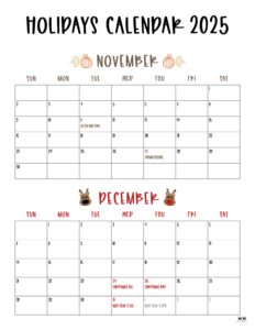 November December 2025 Calendars - 28 Printables | Printabulls