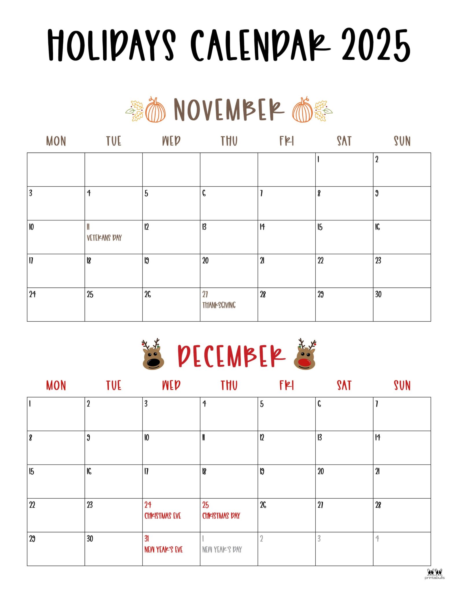 November December 2025 Calendars - 28 Printables | Printabulls